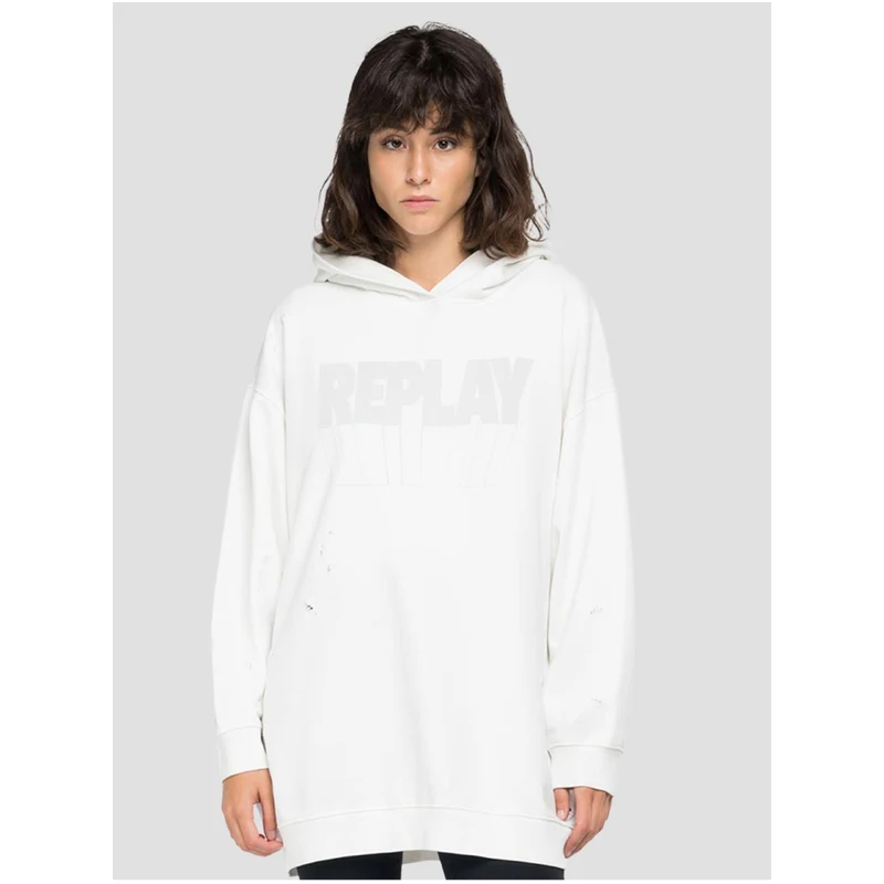 Replay Λευκό Γυναικείο Oversize Φούτερ με Σκισμένο Εφέ Επανάληψης ...