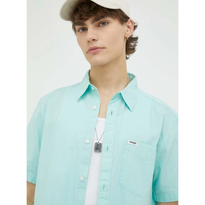 Βαμβακερό πουκάμισο Wrangler ανδρικό, χρώμα: τιρκουάζ - GLAMI.gr