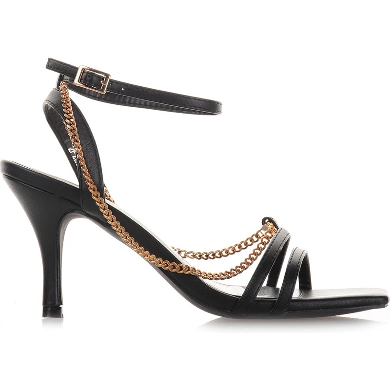 Modati Γυναικεία μαύρα πέδιλα με χρυσή διακοσμητική αλυσίδα ΚΩΔ ...