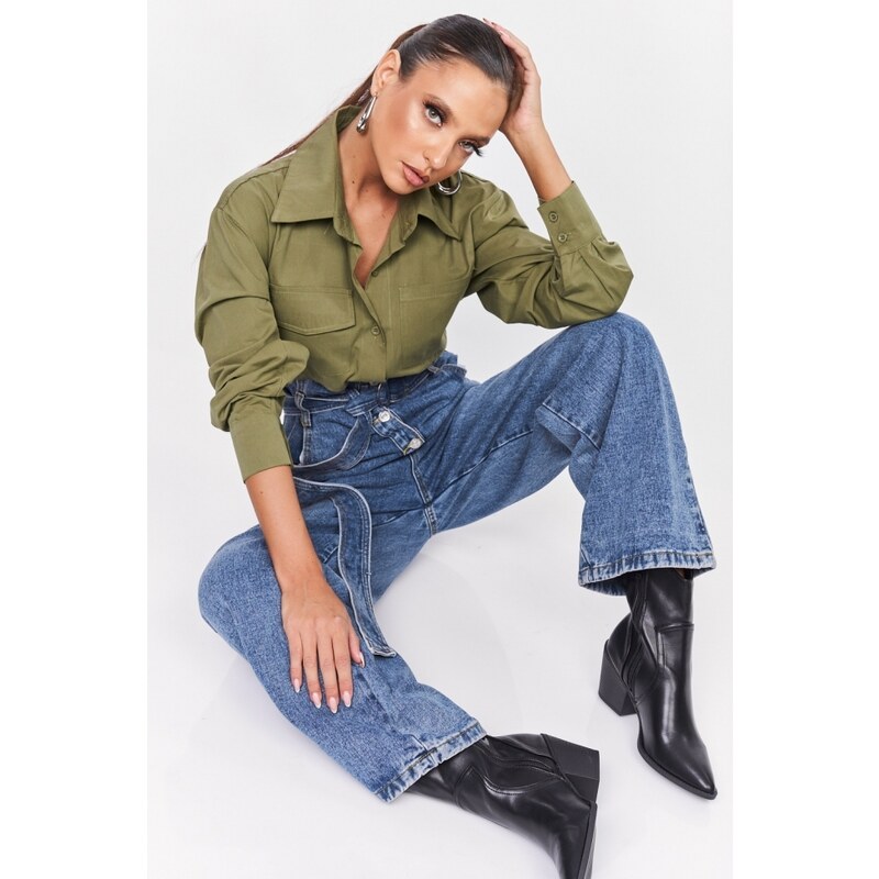 DeCoro Ολόσωμη Φόρμα Jean σε Συνδυασμό Υλικών - ΧΑΚΙ - GLAMI.gr