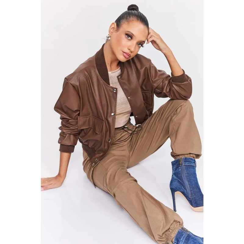 DeCoro Cropped Bomber Δερματίνη - ΚΑΦΕ ΣΚΟΥΡΟ - GLAMI.gr