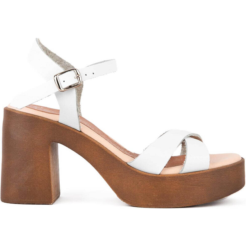 My way shoes Λευκό γυναικείο δερμάτινο πέδιλο με τακούνι - GLAMI.gr