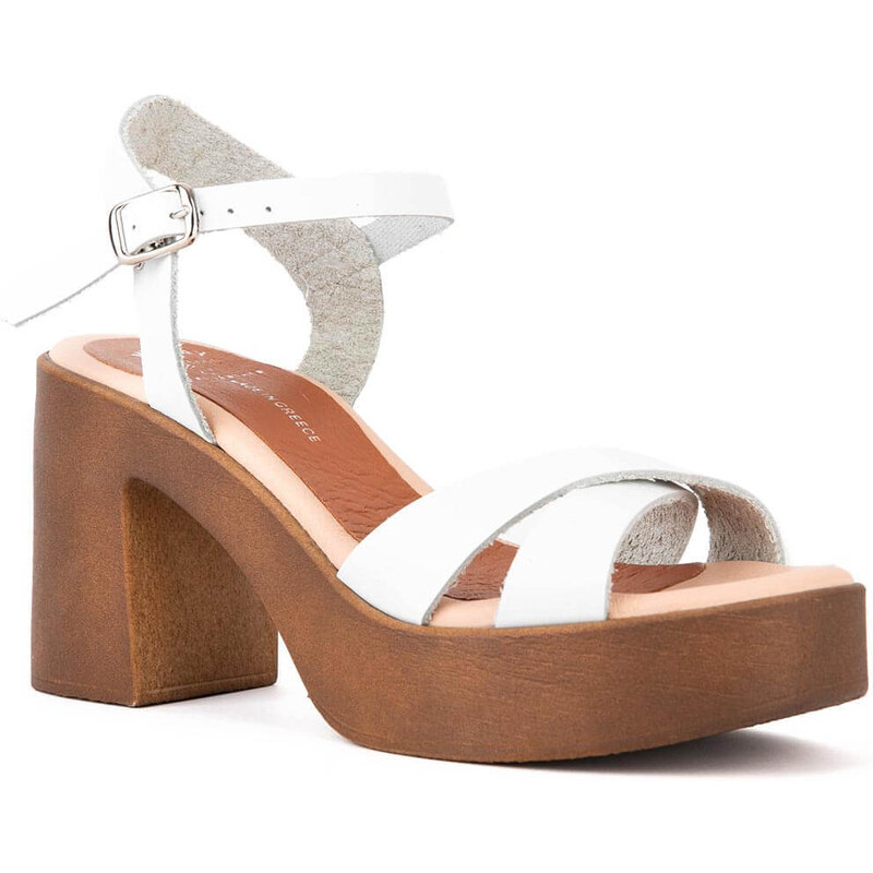 My way shoes Λευκό γυναικείο δερμάτινο πέδιλο με τακούνι - GLAMI.gr