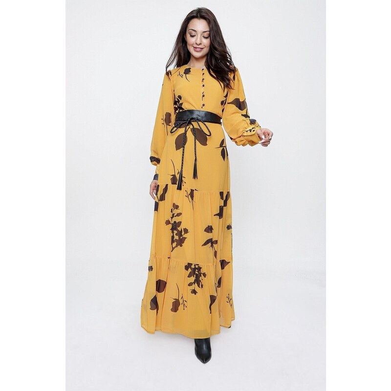 By Saygı Yellow Floral Pattern Long Chiffon Dress With Half Buttons In