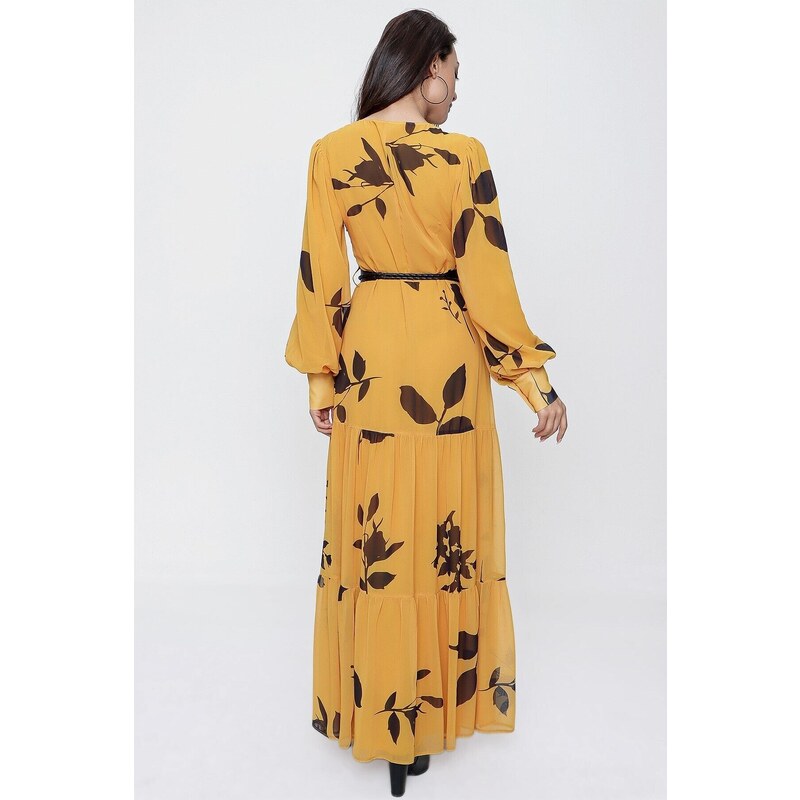 By Saygı Yellow Floral Pattern Long Chiffon Dress With Half Buttons In