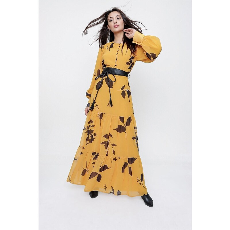 By Saygı Yellow Floral Pattern Long Chiffon Dress With Half Buttons In