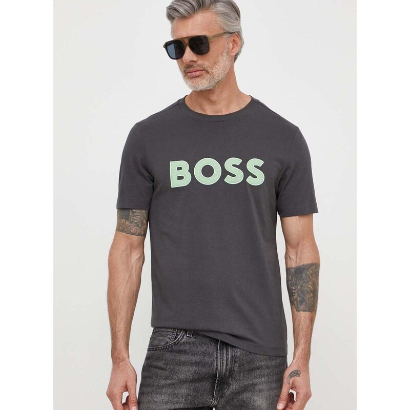 Βαμβακερό μπλουζάκι Boss Green ανδρικά, χρώμα: γκρι - GLAMI.gr